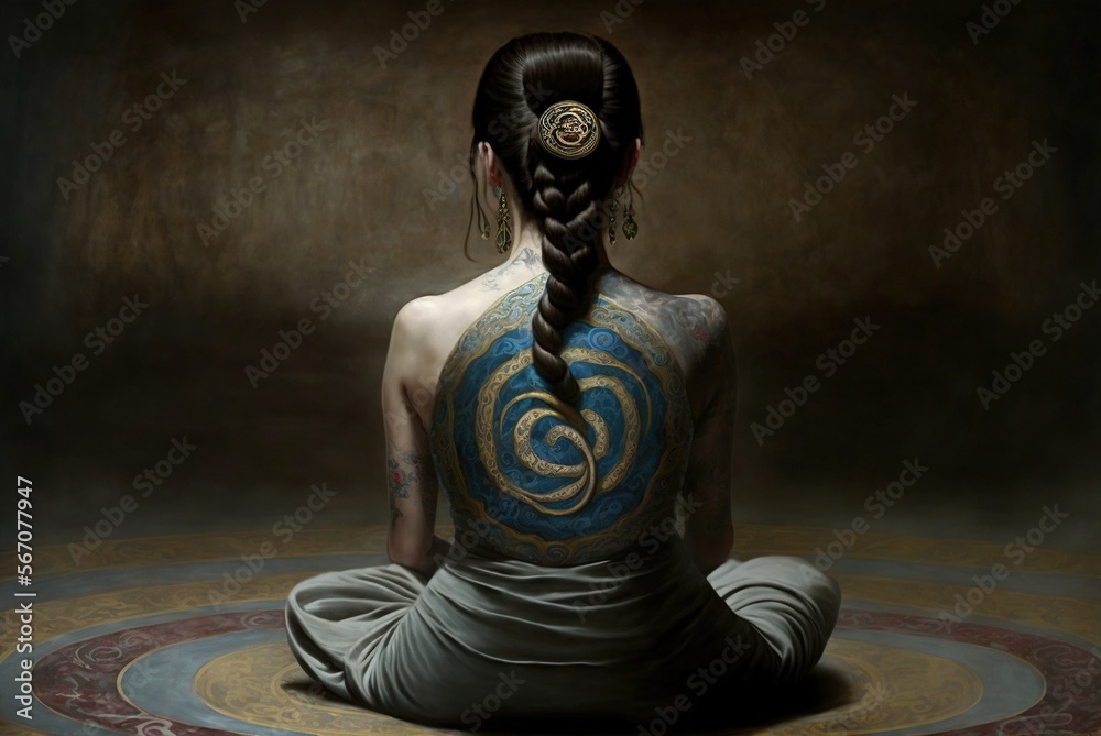 Woman in meditation pose from behind with Kundalini snake oil painting ...