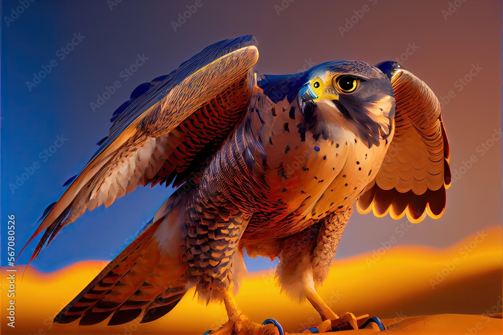 Portrait of a falcon with spread wings on a yellow background, with a ...