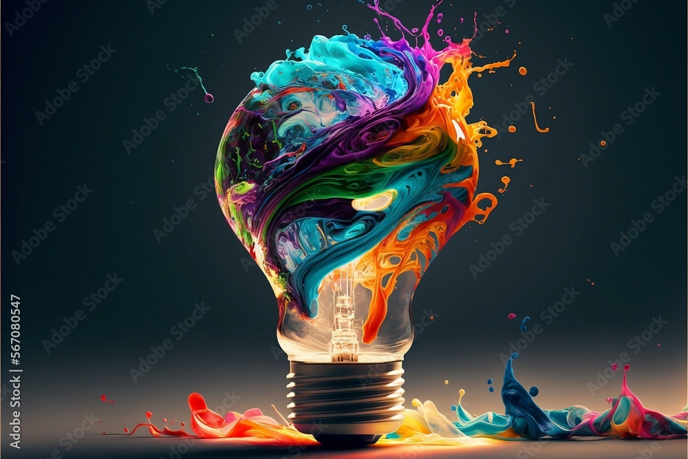Lightbulb eureka moment with Impactful and inspiring artistic colourful ...