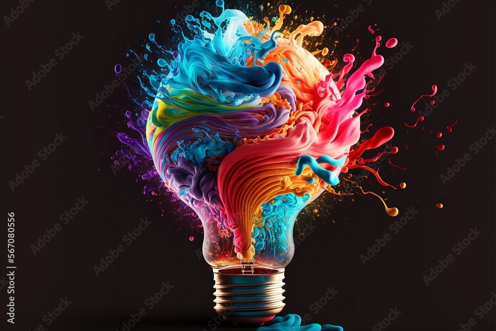 Lightbulb eureka moment with Impactful and inspiring artistic colourful ...