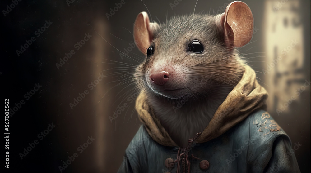 Rat, a homeless street rat wearing a jean jacket and a hoodie, living ...