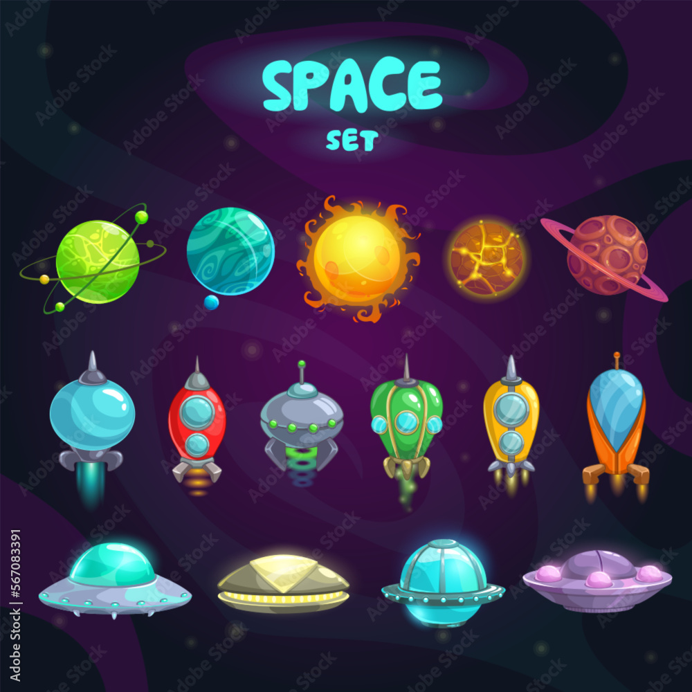 Vector space cartoon icons set planet rockets ufo elements on cosmic ...