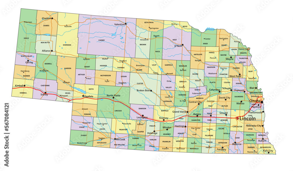 Nebraska - Highly detailed editable political map with labeling. Stock ...