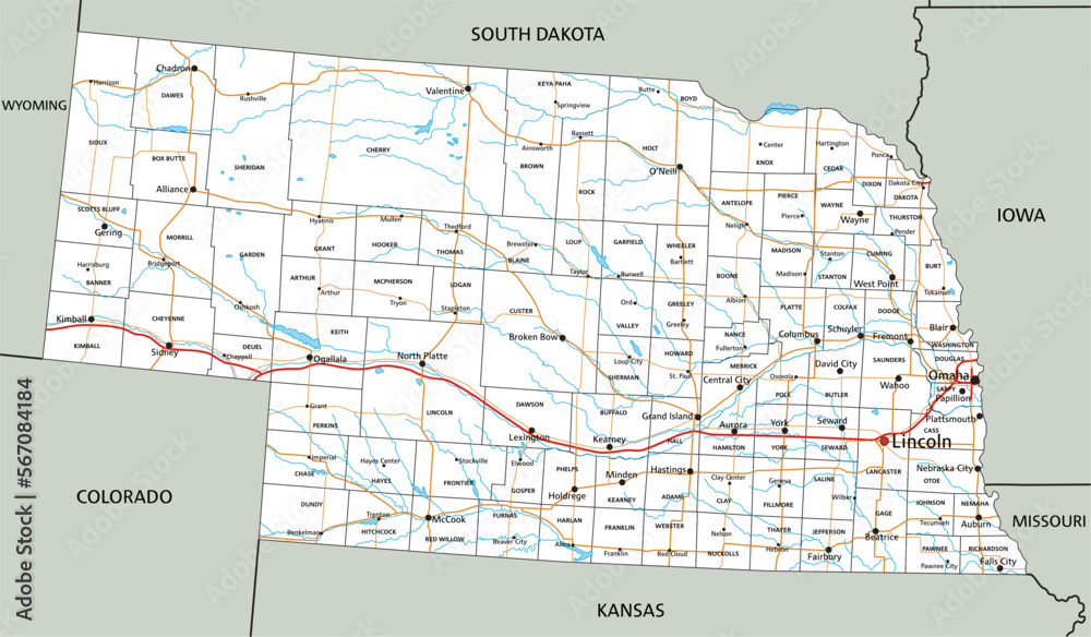 Poster High detailed Nebraska road map with labeling. – Wall Art ...