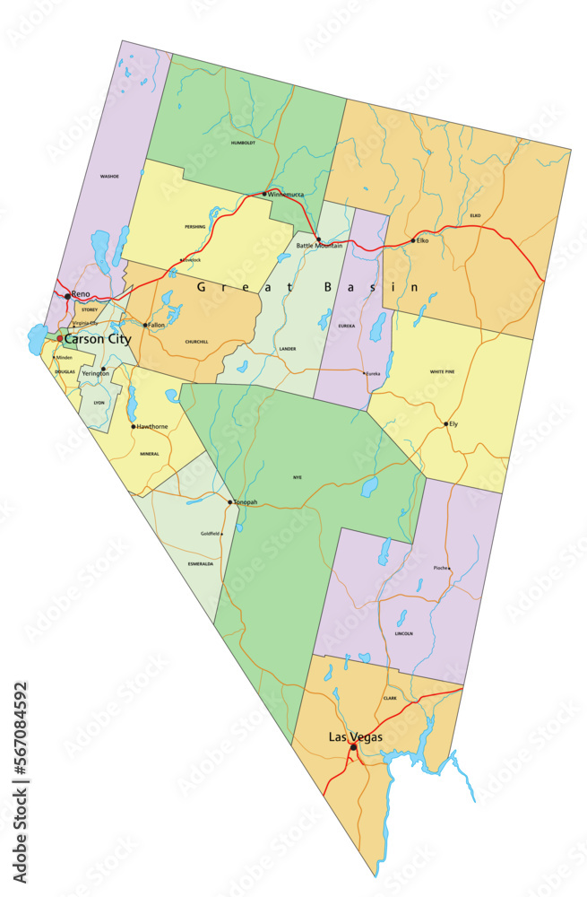 Nevada - Highly detailed editable political map with labeling. Stock ...