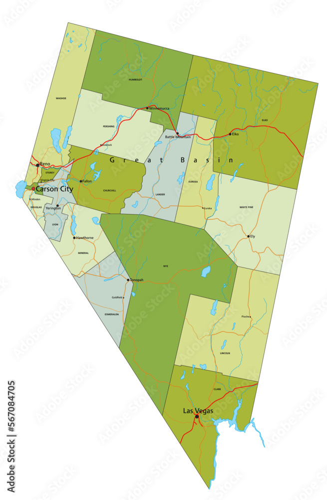 Highly detailed editable political map with separated layers. Nevada ...