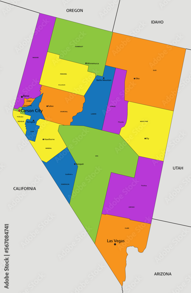 Colorful Nevada political map with clearly labeled, separated layers ...