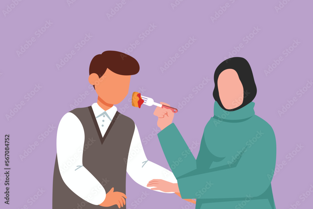 Character flat drawing obese Arab couple sitting at table eating sweet ...