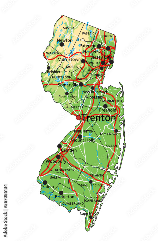 Vetor de High detailed New Jersey physical map with labeling. do Stock ... Vetor de High detailed New Jersey physical map with labeling. do Stock ...