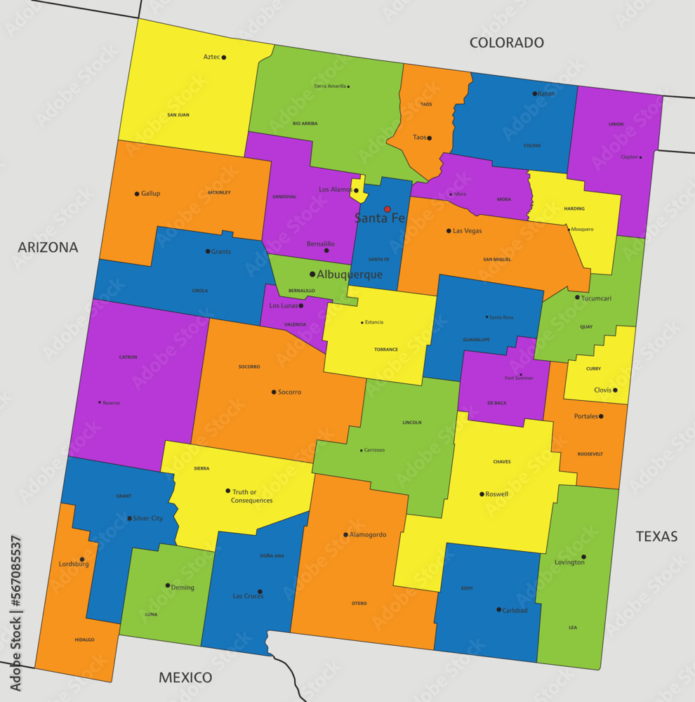 Colorful New Mexico political map with clearly labeled, separated ...