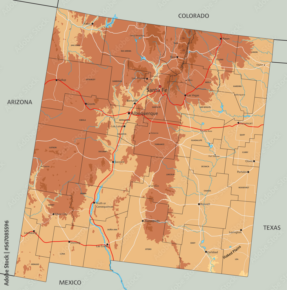 High detailed New Mexico physical map with labeling. Stock Vector ... High detailed New Mexico physical map with labeling. Stock Vector ...
