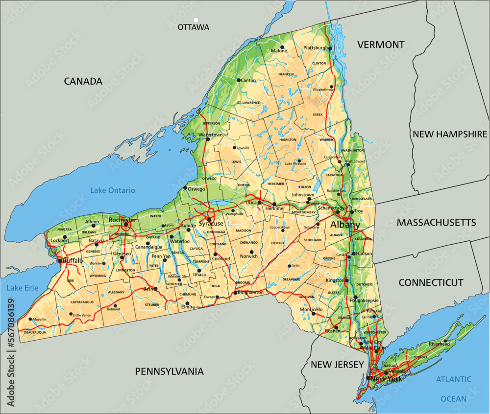 High detailed New York physical map with labeling. Stock Vector | Adobe ...