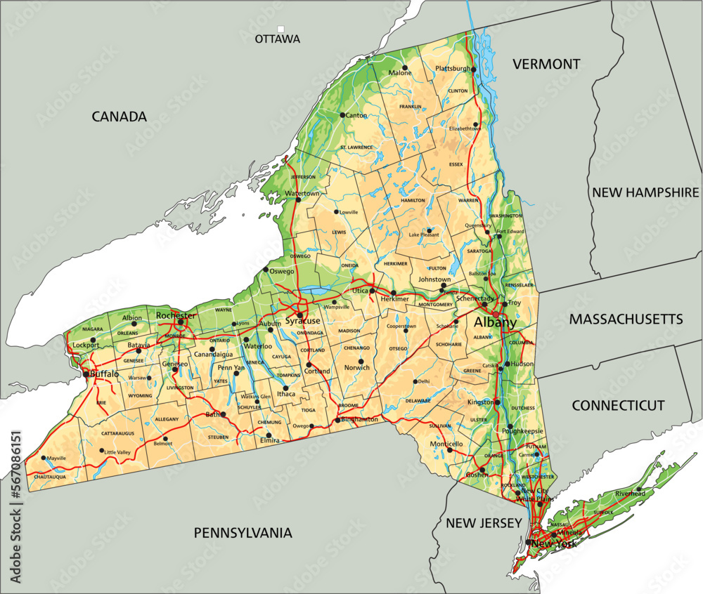 High detailed New York physical map with labeling. Stock Vector | Adobe ...