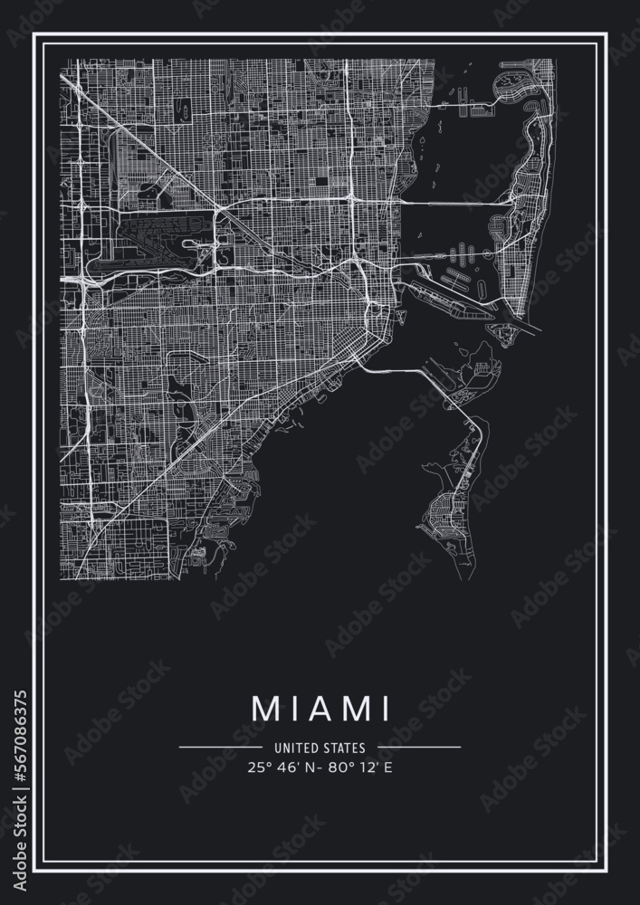 Black and white printable Miami city map, poster design, vector ...