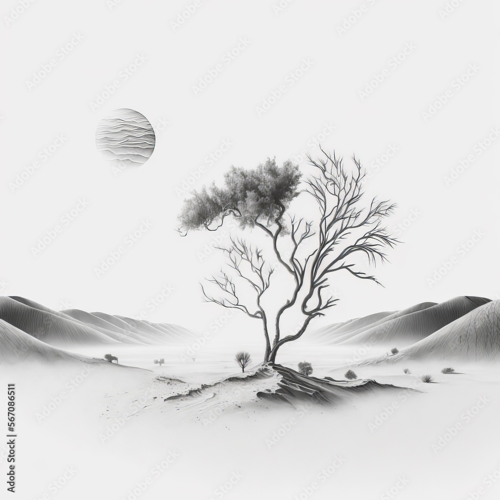 Pencil drawing of a lonely tree in a desert - Generative AI Stock ...