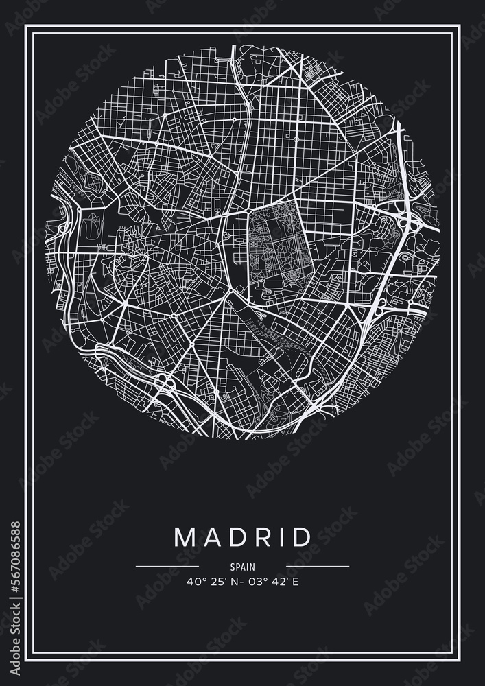Black and white printable Madrid city map, poster design, vector ...