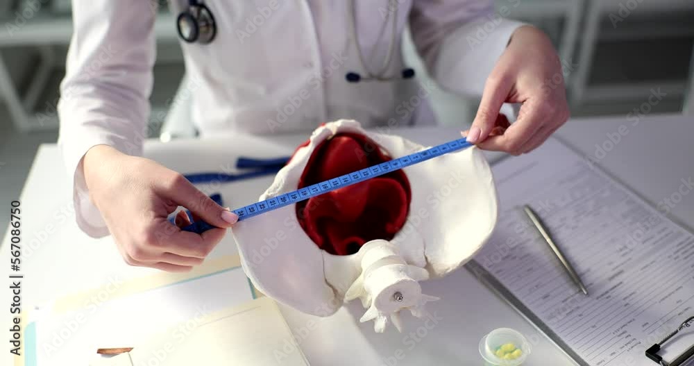 Gynecologist measures dimensions of pelvis and transverse dimensions of ...