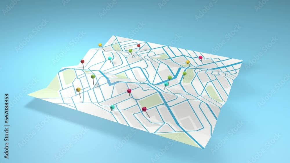 3D Map with labels. Pins on the map. Blue 3d point on the map ...