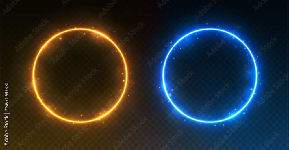 Neon circle frames, glowing round borders with smoke and sparkles, ice ...