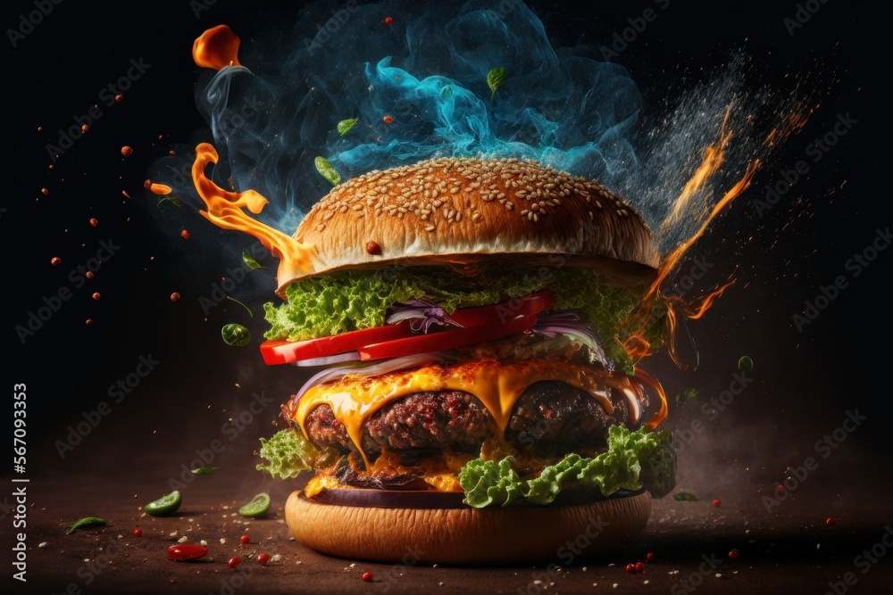 Hamburger with lots of cheese, vegetables, explosion of flavors, smoked ...