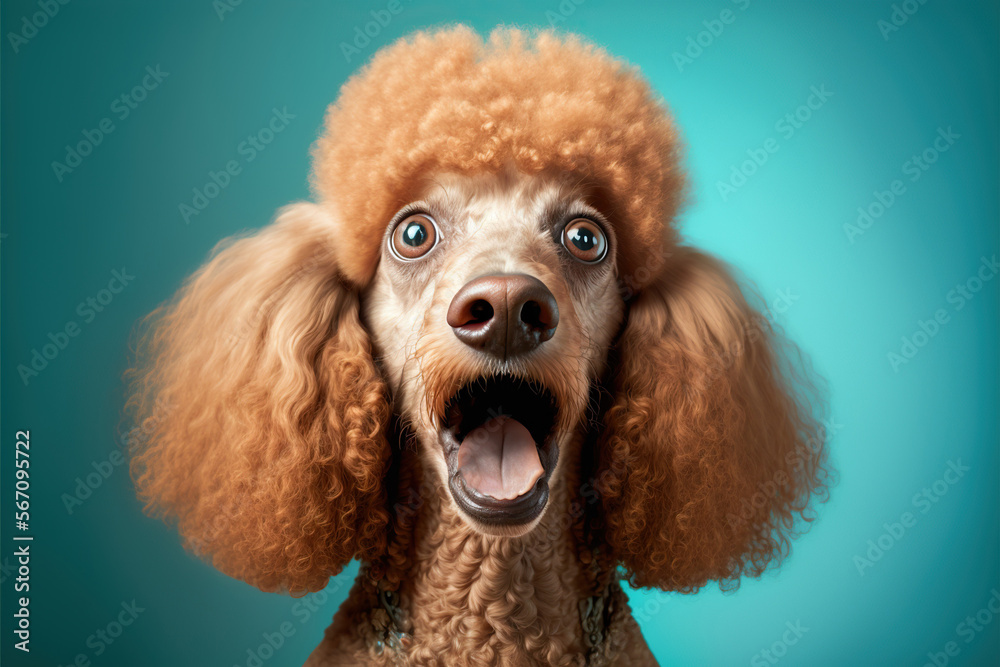 Studio portrait of a poodle dog with a surprised face , concept of ...
