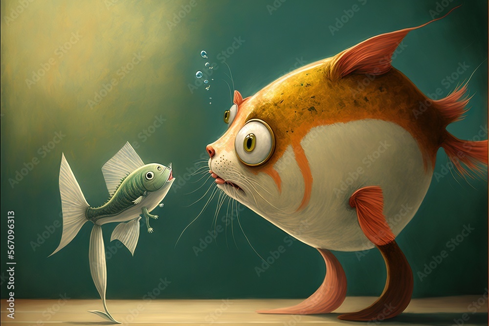 a painting of a fish and a fish with a fish's head sticking out of it's ...