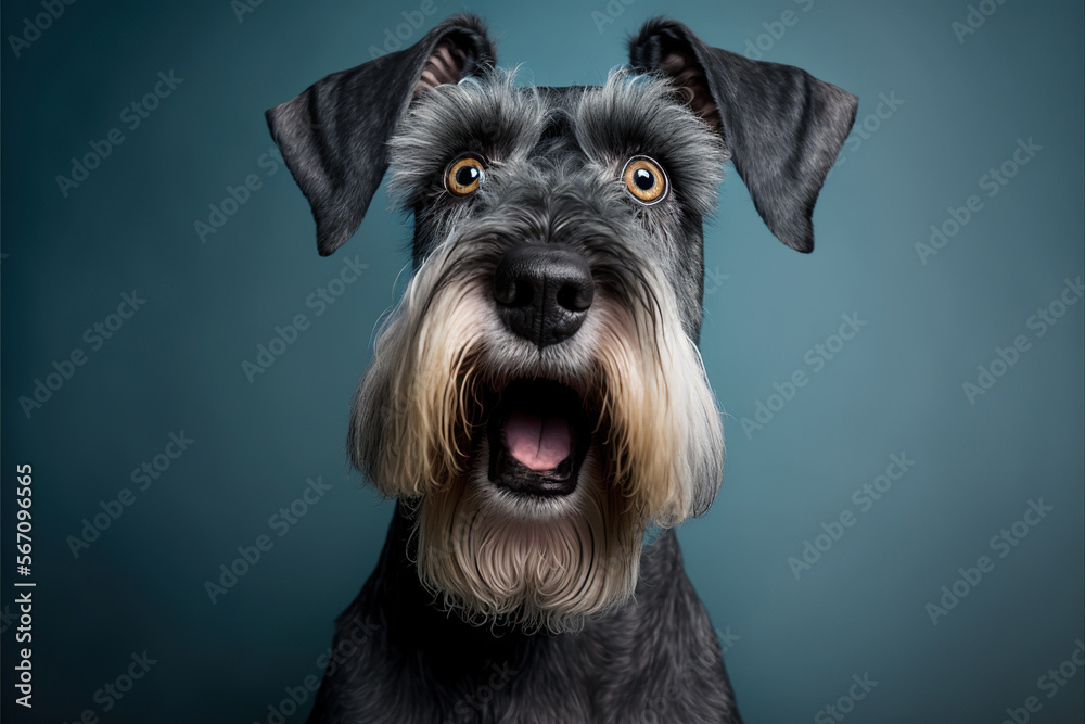 Studio portrait of a standard schnauzer dog with a surprise face ...