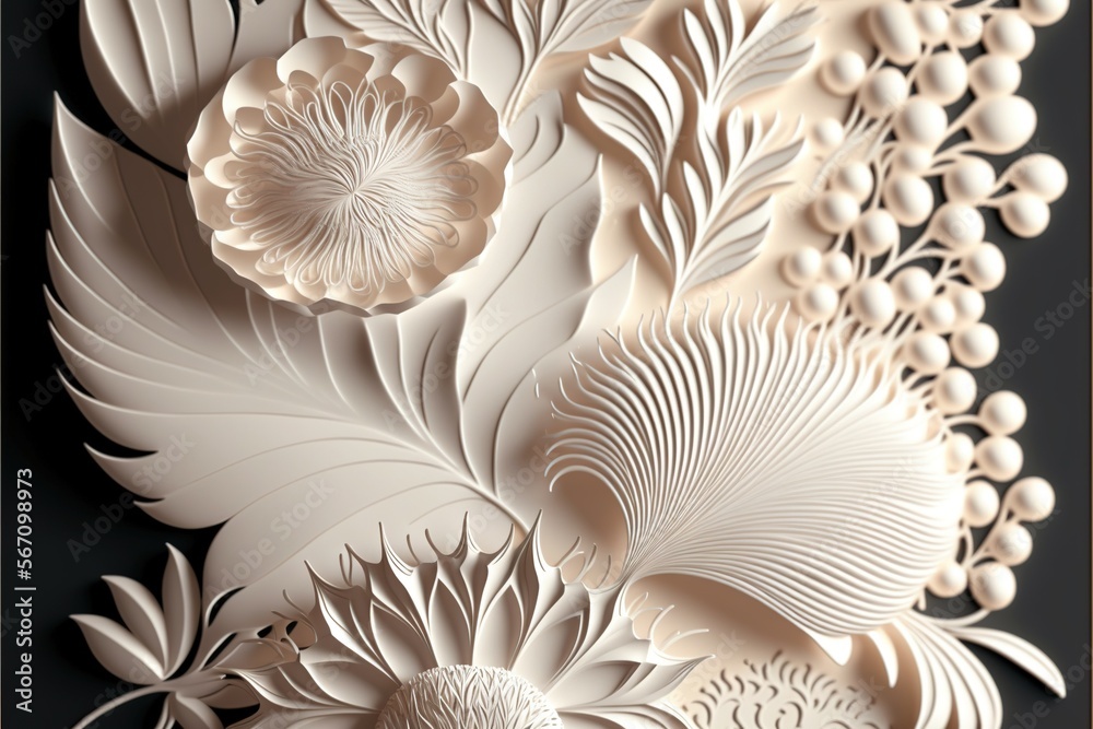 a paper sculpture of flowers and leaves on a black background with a ...