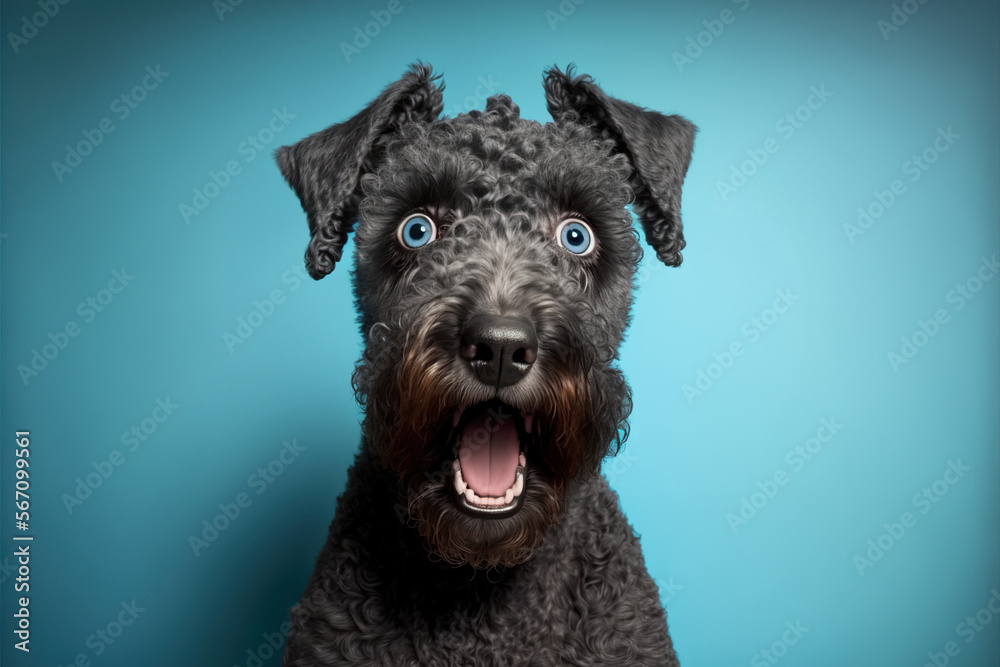 Studio portrait of a kerry blue terrier dog with a surprised face ...