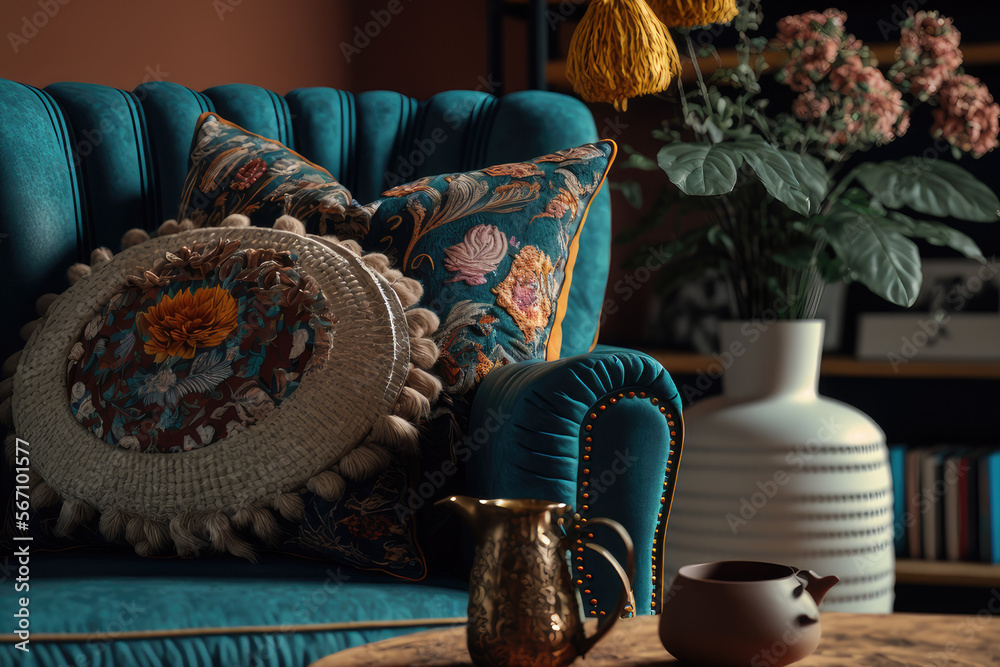 Bohemian sofa with living room interior design with furniture close up ...