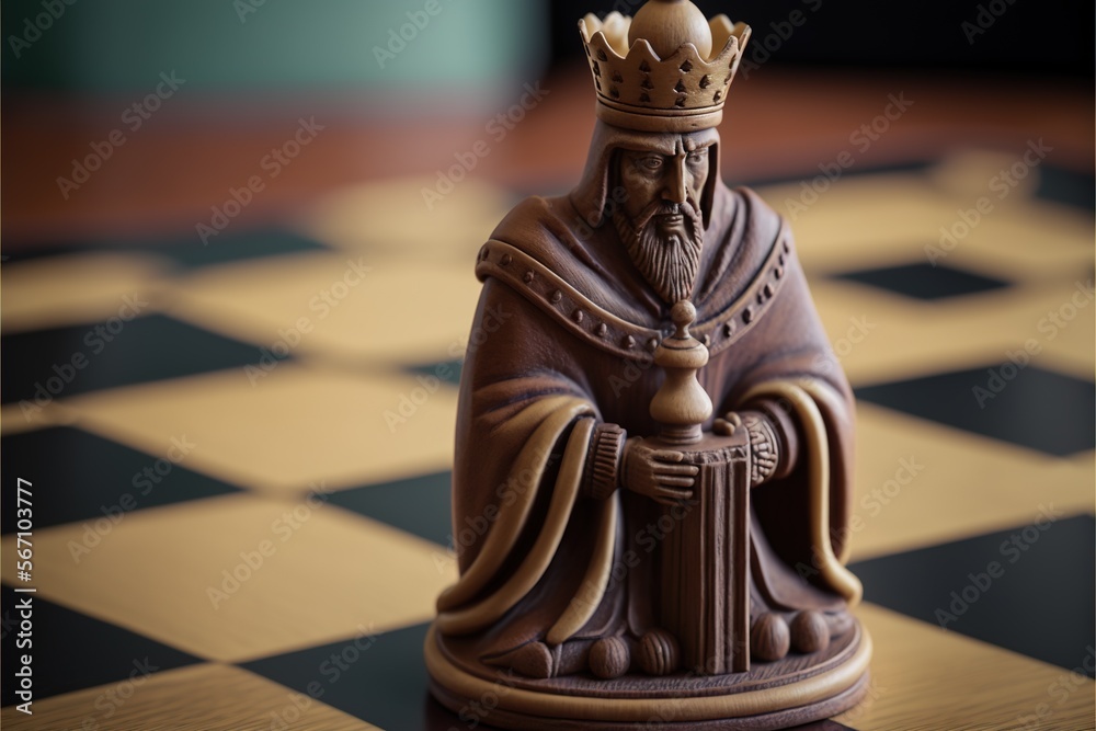 a chess board with a statue of a king on it's chess board with a black ...