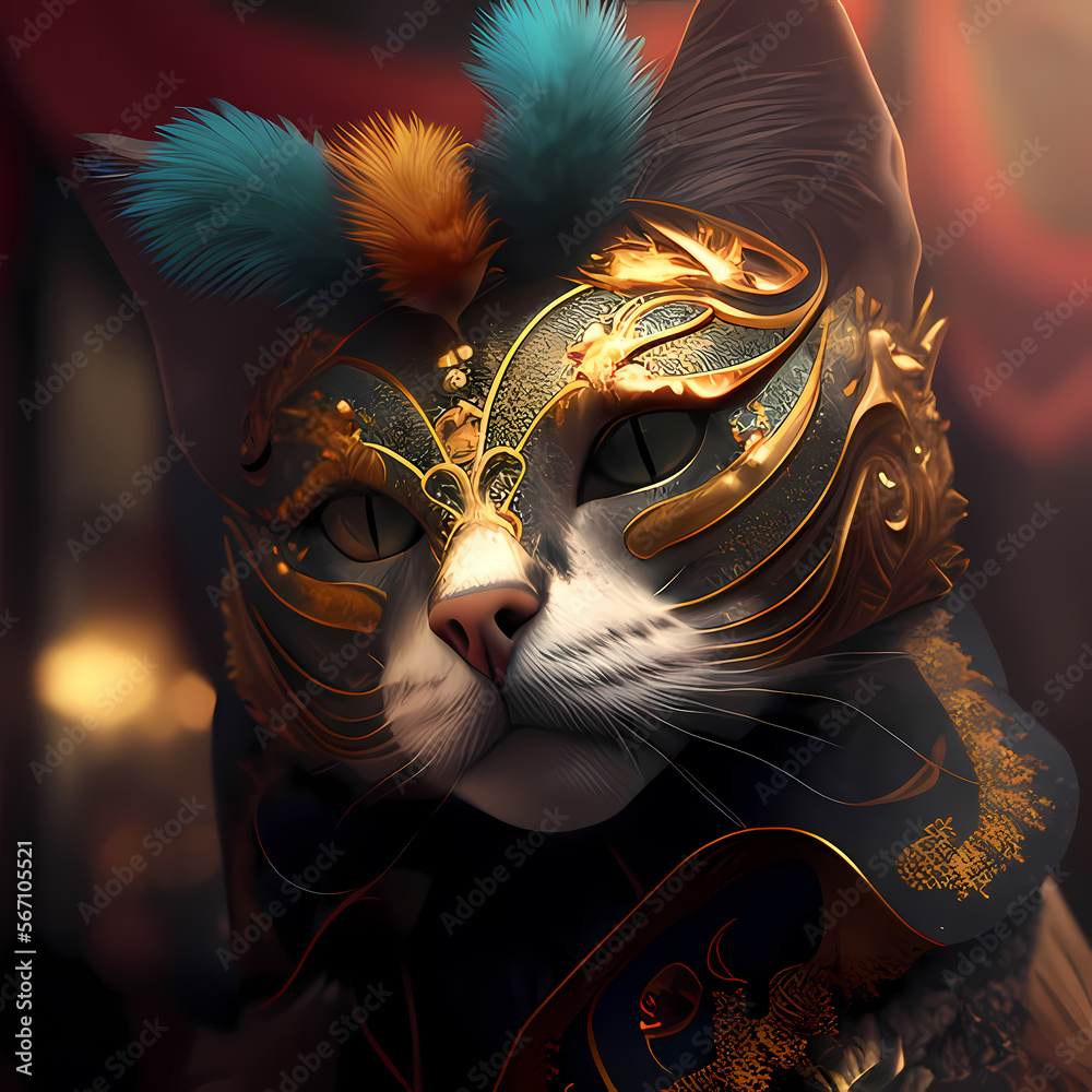 Cat at the carnival. Mardi Gras carnival background with carnival masks ...