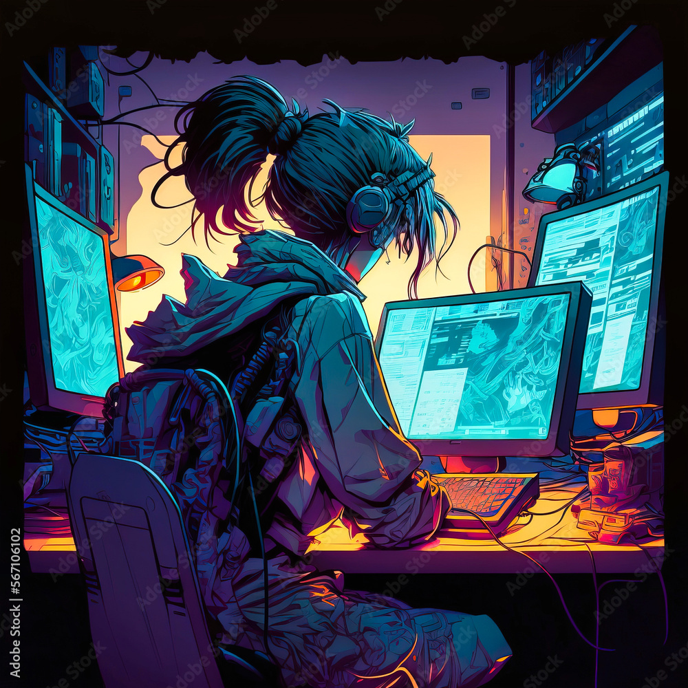 Cartoon drawing of a young female hacker - generative ai Stock ...