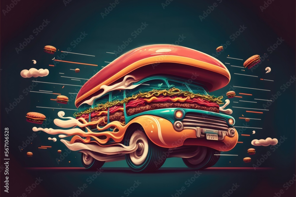 Burger delivery. Fast hamburger car. Cheeseburger as fast food car ...