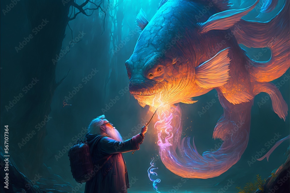 The best wizard summoning giant fish creature with fire magic, digital ...