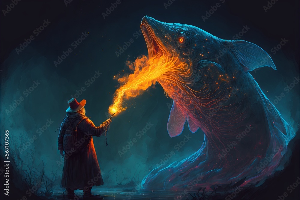 The best wizard summoning giant fish creature with fire magic, digital ...