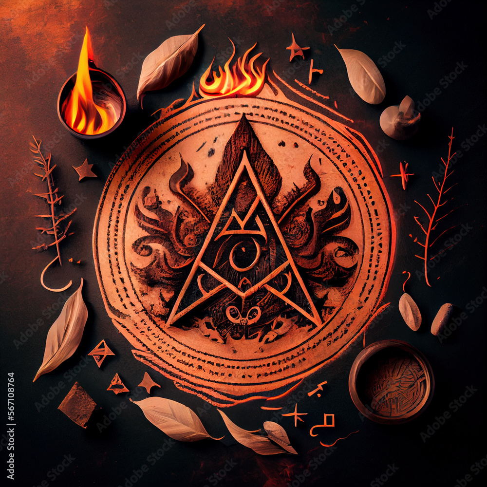 Black Magic Ritual montage fiery pentagram of mysterious occult symbols ...