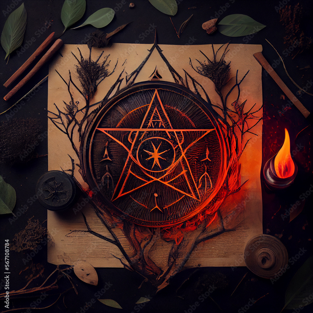 Black Magic Ritual montage fiery pentagram of mysterious occult symbols ...