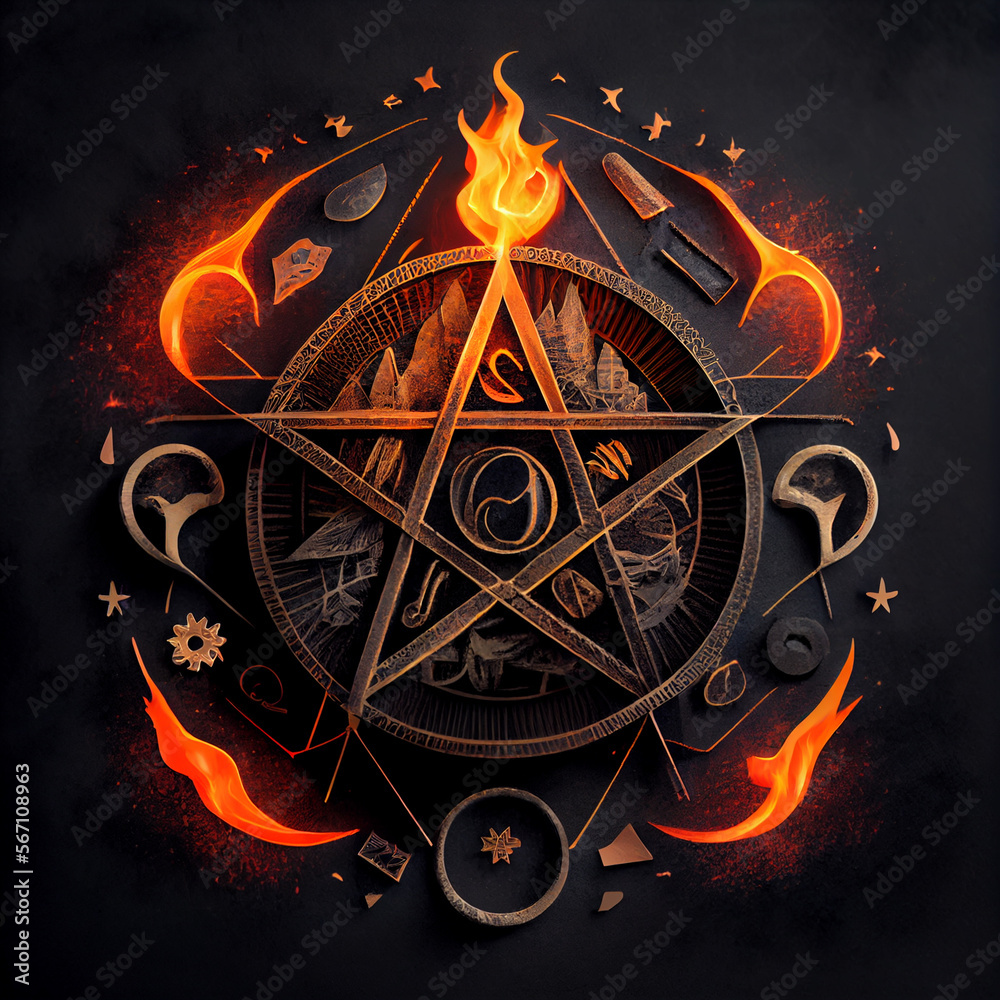 Black Magic Ritual montage fiery pentagram of mysterious occult symbols ...