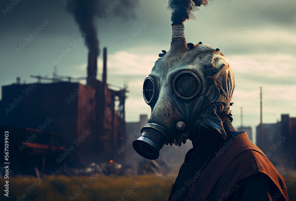 Gas mask on a man's face near industrial plant with smoke from chimneys ...