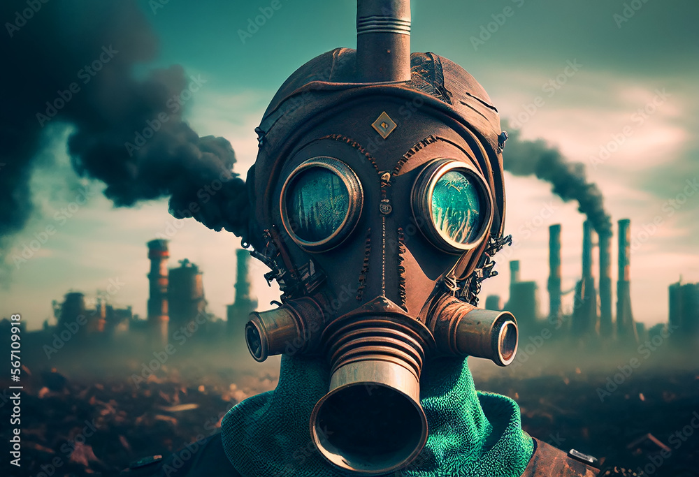 Gas mask on a man's face near industrial plant with smoke from chimneys ...