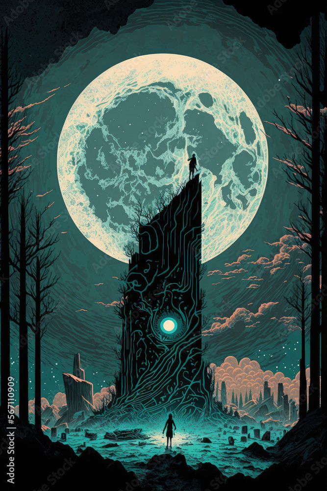 ancient surreal monolithic tower with huge moon, doom sky and dark ...