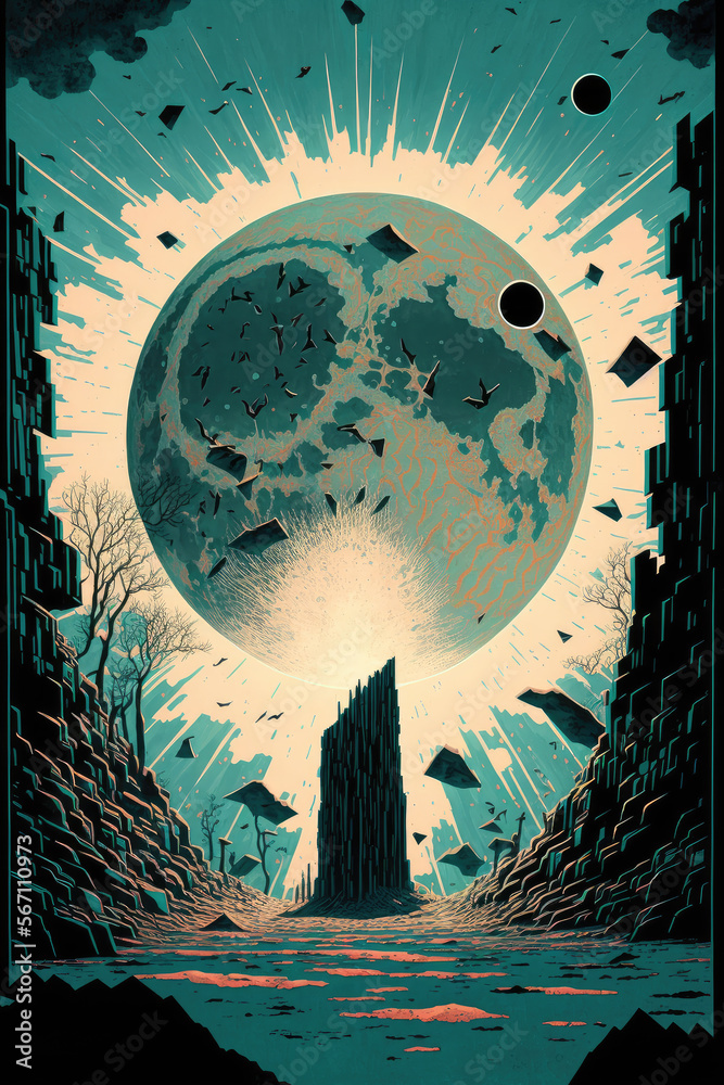ancient surreal monolithic tower with huge moon, doom sky and dark ...
