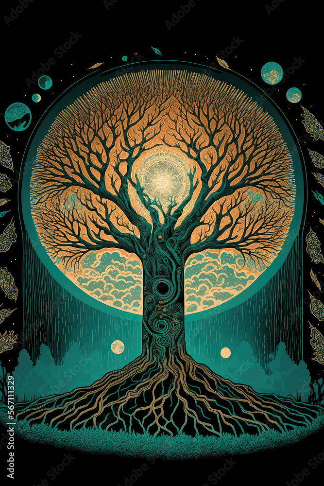 surreal tree of life with doom sky and dark energy, 2d retro woodblock ...
