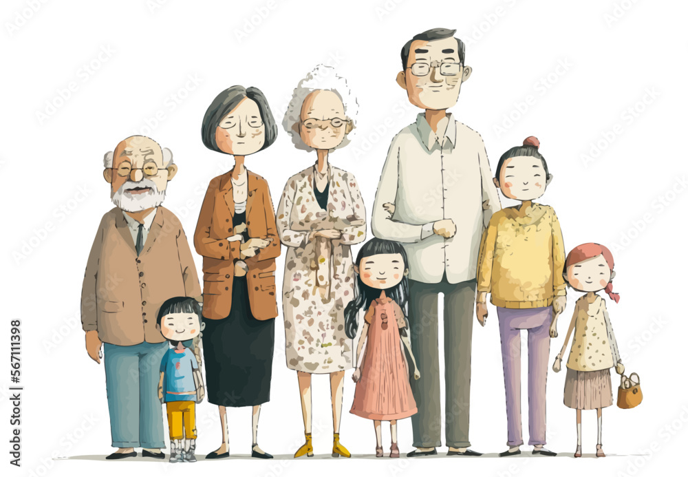 Group of Chinese family spanning multiple generations, illustrated in ...