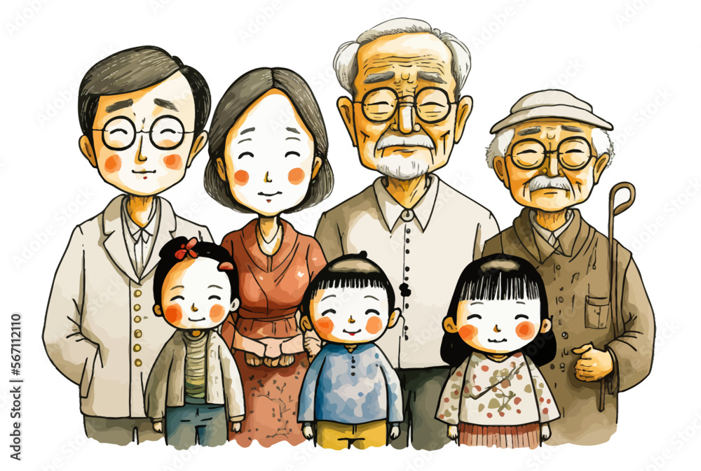 Vector illustration representing an intergenerational Japanese family ...