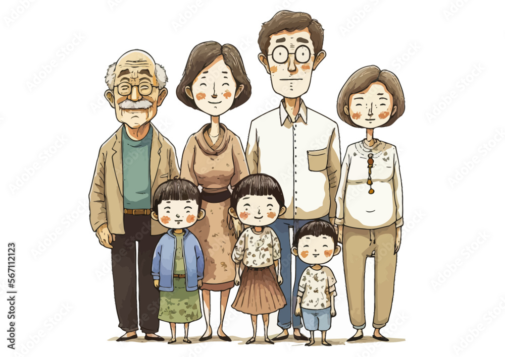 Vector illustration of a multigenerational Japanese family portrait.The ...