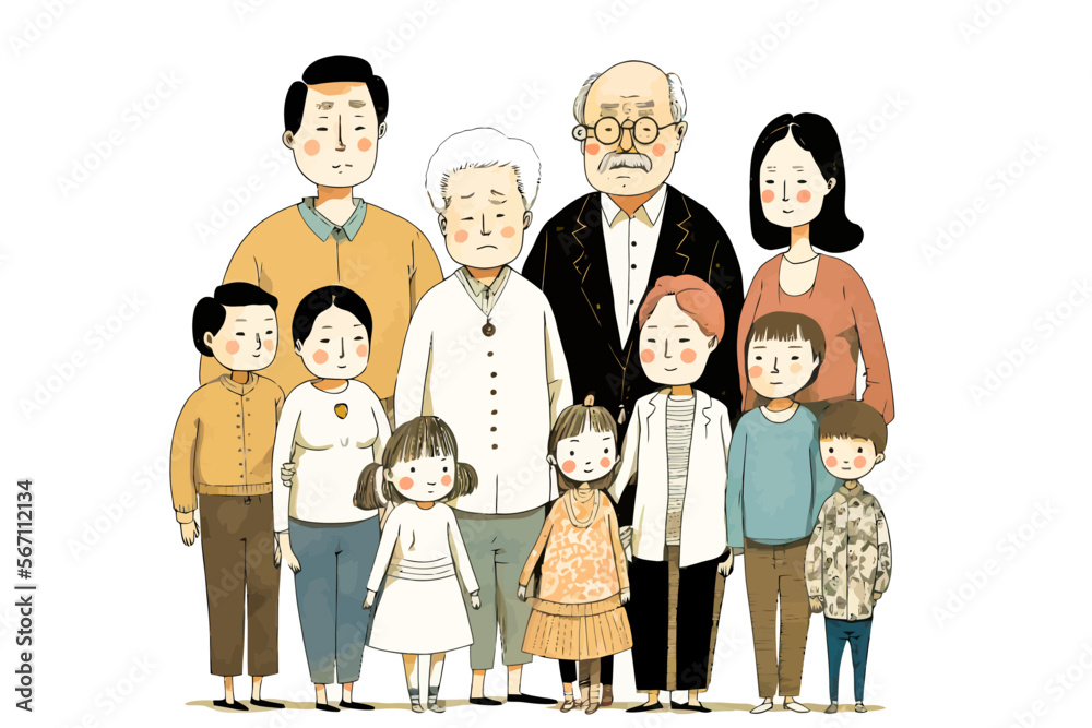 Vector illustration of a Japanese family with several generations ...