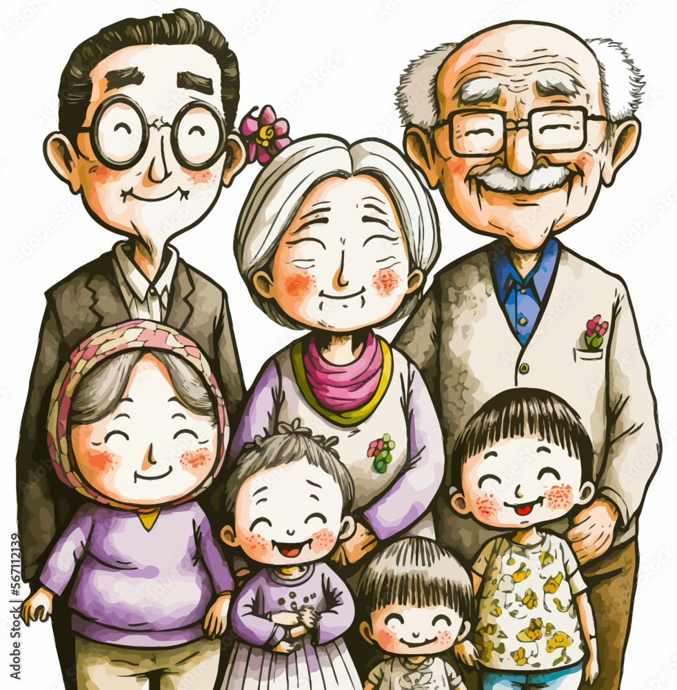 Vector illustration of a Japanese multigenerational family. Perfect for ...