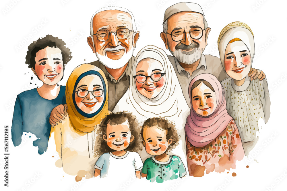 Vector illustration depicting a large, multi-generational Moroccan ...